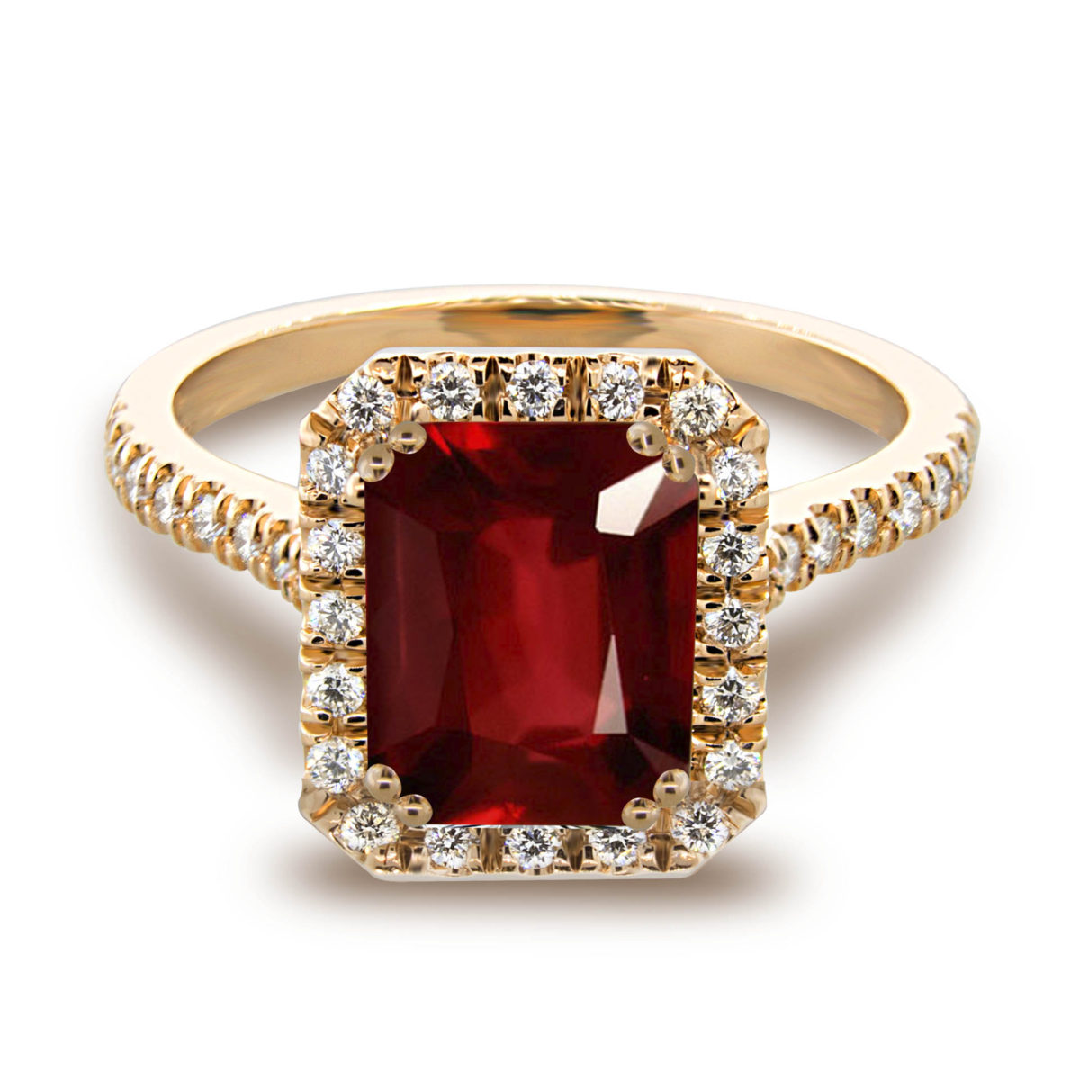 Emerald Cut Ruby with Halo and Double Prong Ring - Sarkisians Jewelry
